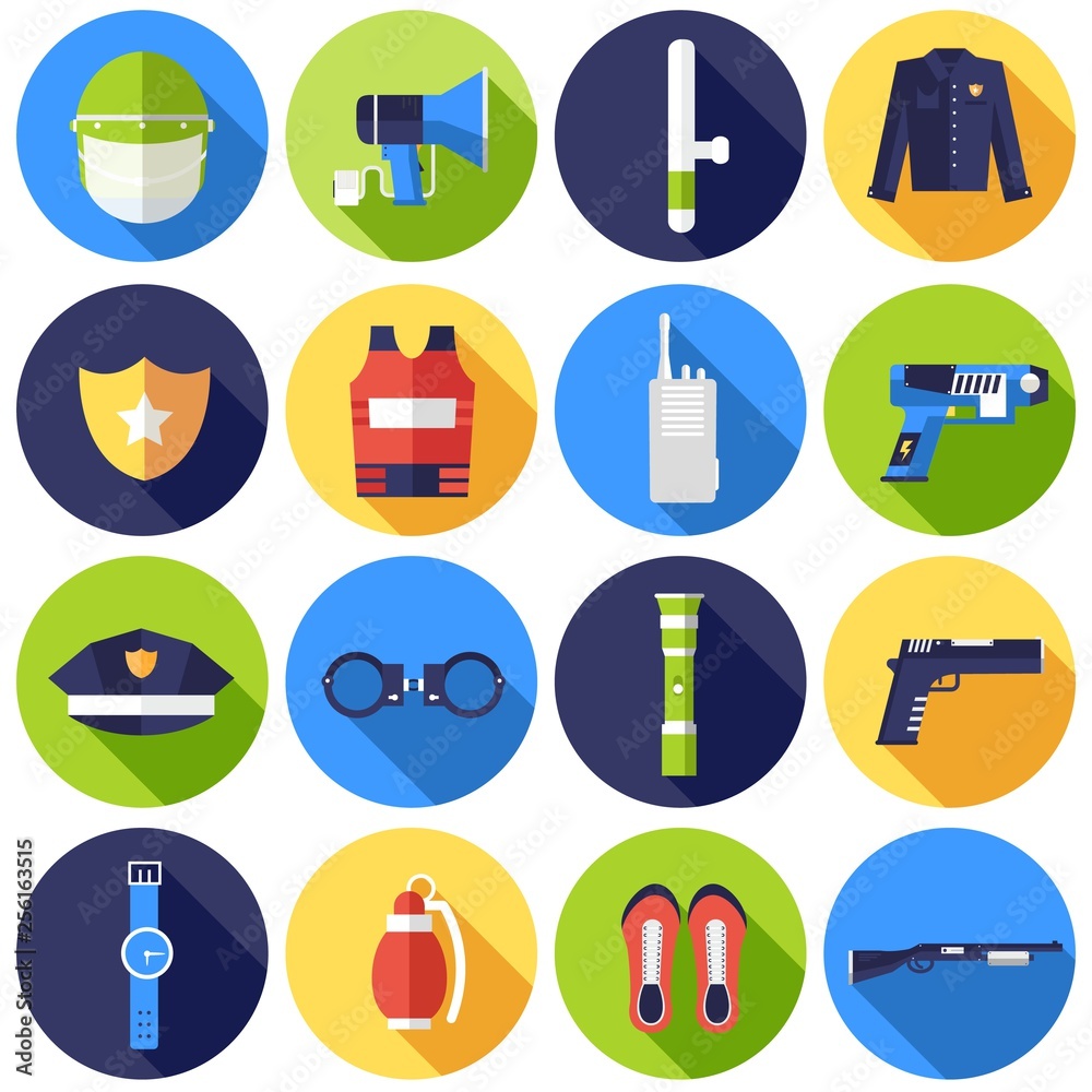 police uniform and set protection icons on isoleted background. Flat ...
