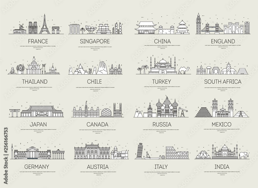 Country thin line icons travel vacation guide places and features. Big ...