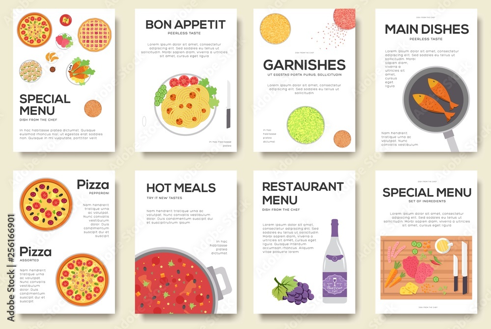 Cooking information cards set. Menu template of flyear, magazines ...