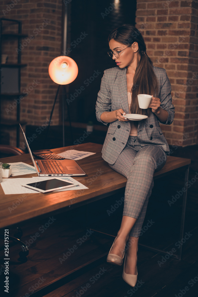 Vertical close up photo attentive she her business lady chief checking ...