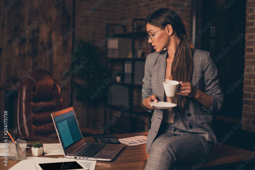Close up photo attentive she her business lady long hair chief check ...