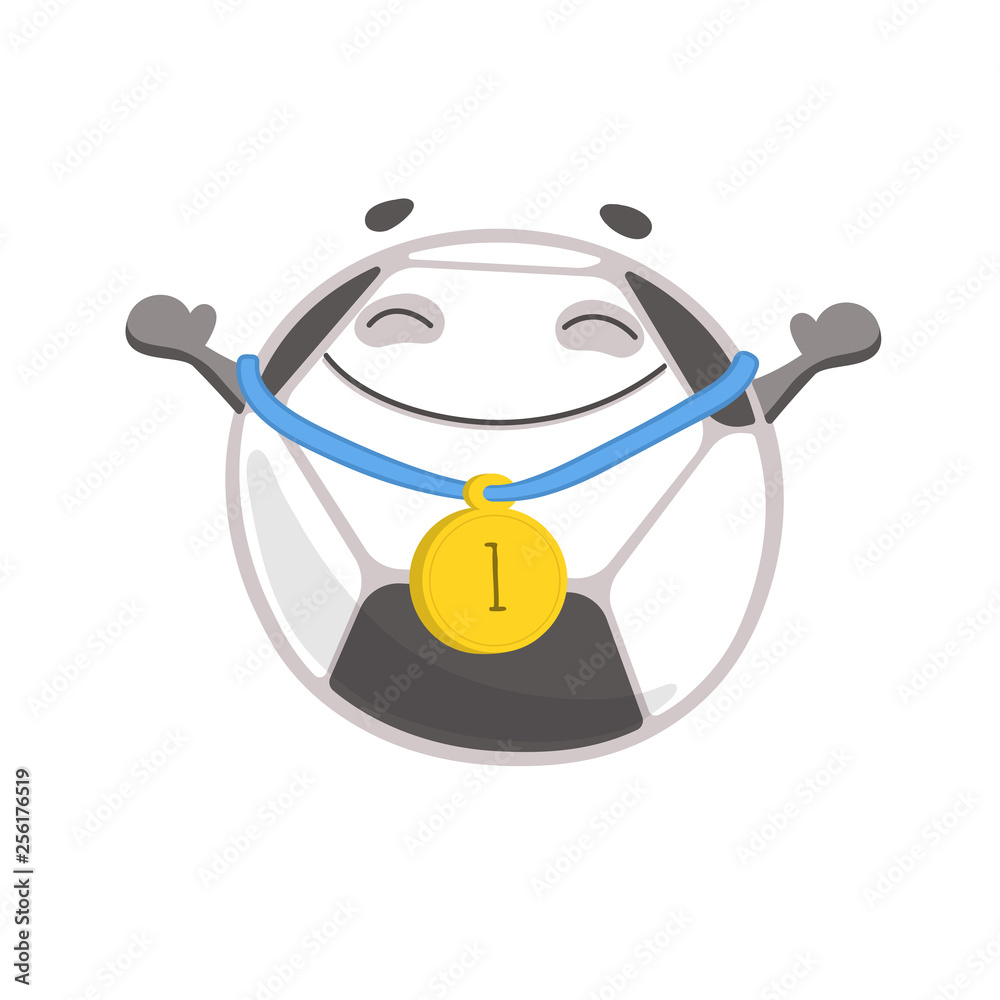 Soccer ball happy cartoon character awarded with a medal for first ...