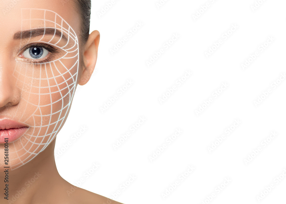 beautiful woman face with lifting arrows on skin . Concept of facial ...