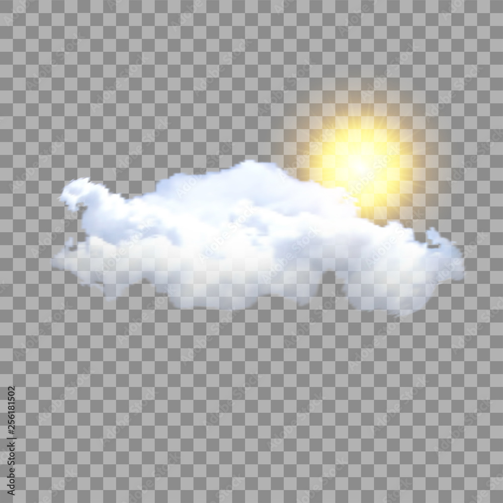 3d vector realistic sun and clouds on transparent background. White ...
