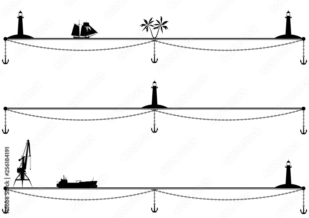 set of sea vector dividers with ships, palm, port crane and lighthouse ...
