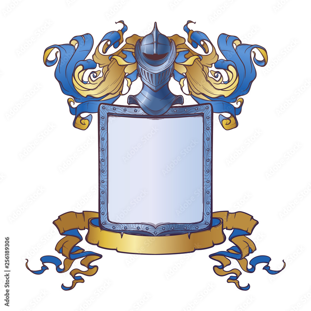 Traditional European coat of arms template. Shield, helmet and mantling ...