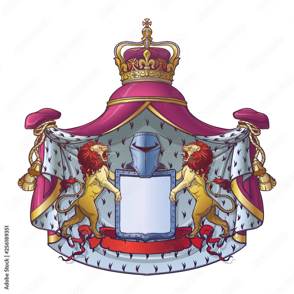 Traditional European coat of arms template. Shield, helmet and mantling ...