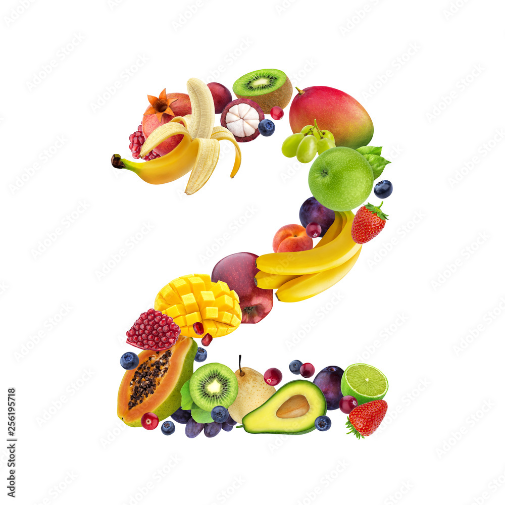 Number two made of different fruits and berries, fruit alphabet ...