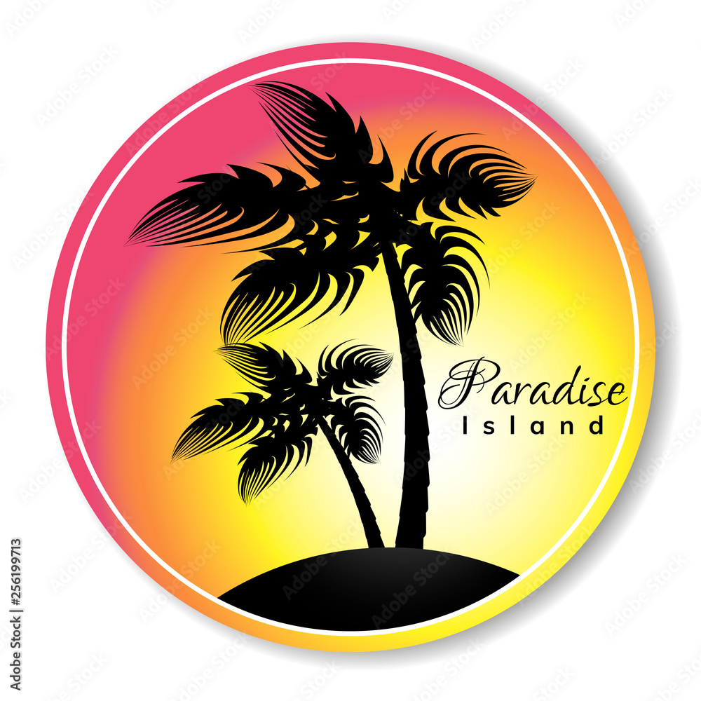 Round icon with black palm tree silhouette. Paradise island. Sticker ...