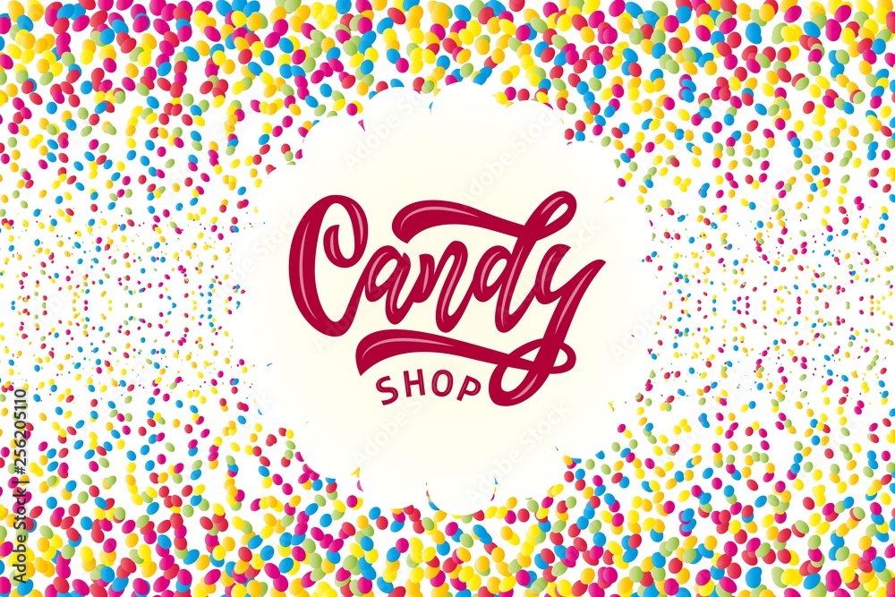 Hand lettering logo Candy shop with colorful jelly beans. Vector Stock ...