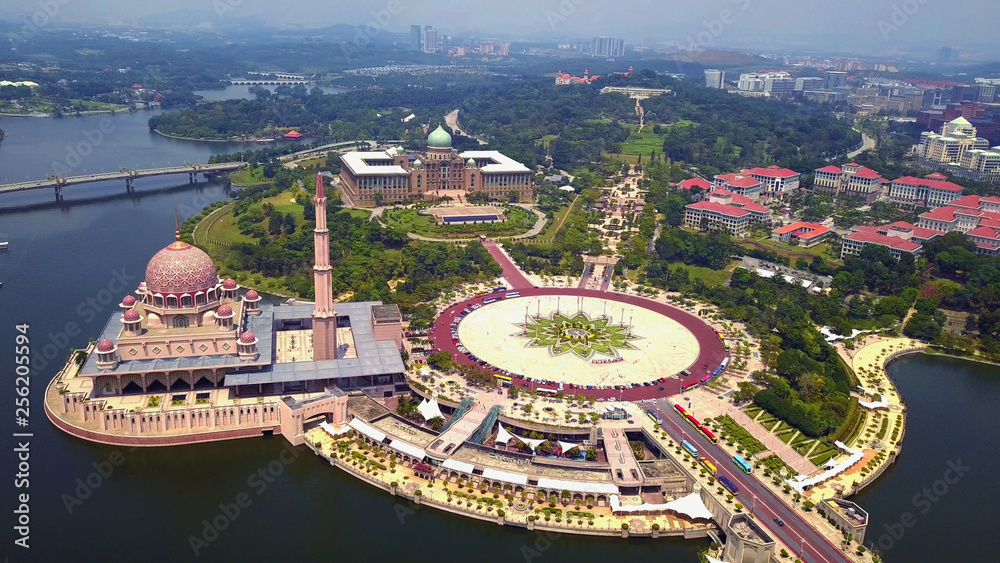 Aerial view of Putra mosque with garden landscape design and Putrajaya ...
