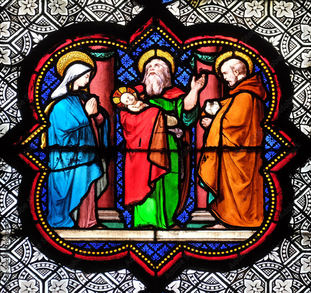 Presentation in the Temple, stained glass window in the Basilica of ...