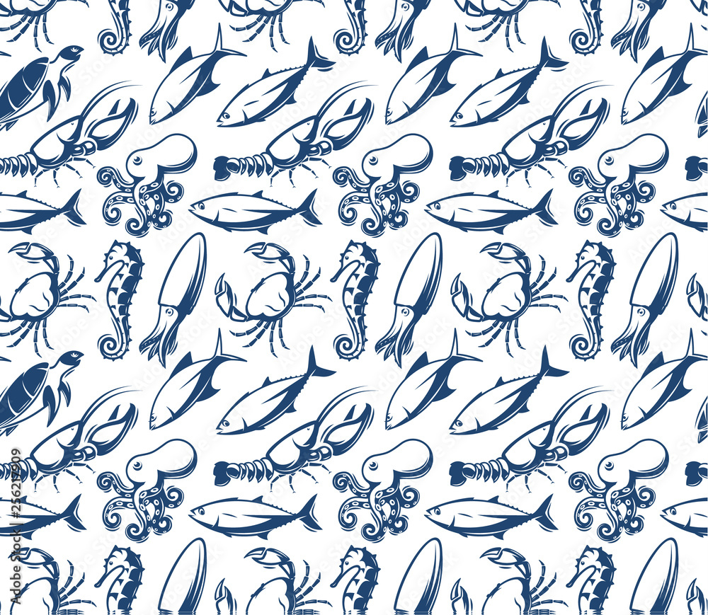 Seafood vector pattern. Sea creatures, fish. Fishing and restaurant ...