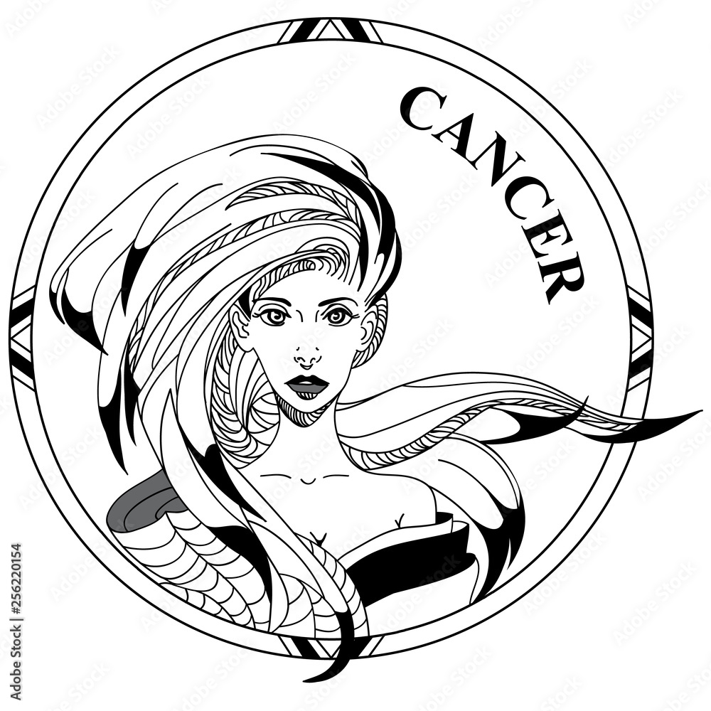 Vector illustration of sign zodiac Cancer. Beautiful girl with long ...