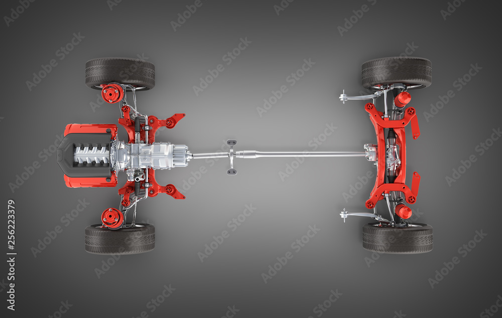 Suspension of the car with wheel and engine Undercarriage in detail top ...