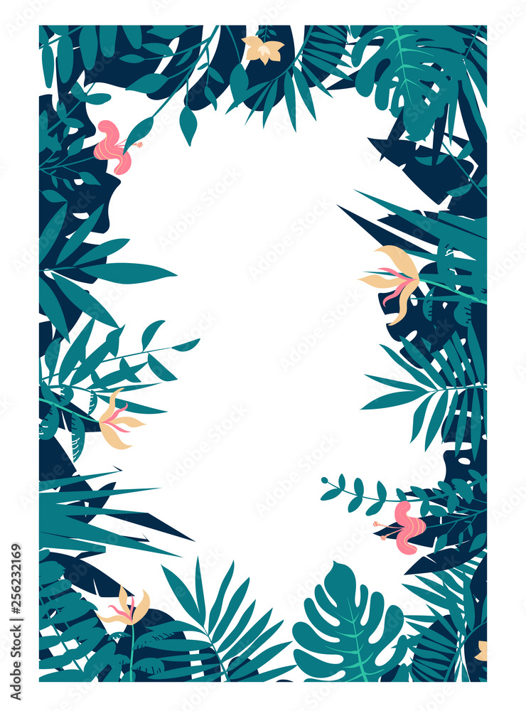 Colorful leaves and flowers of tropical plants background. Vertical ...