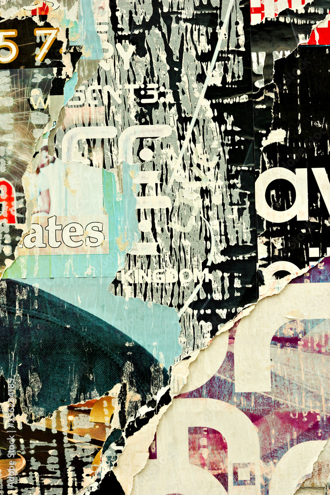Old grunge ripped torn vintage collage colorful street posters creased ...