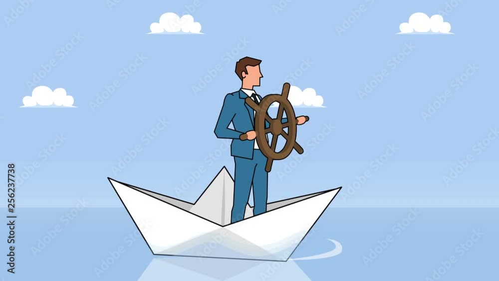 Flat cartoon businessman character with helm wheel floating on paper ...