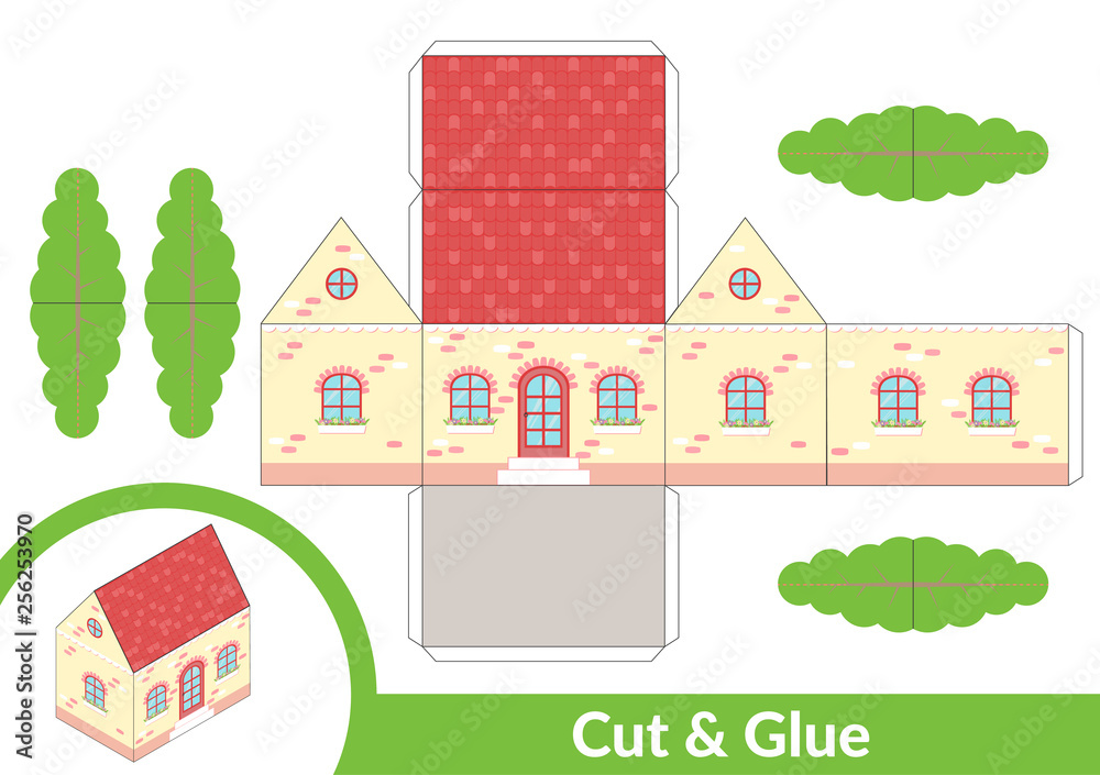 Cut and glue a house. Children art game for activity page. Paper 3d ...