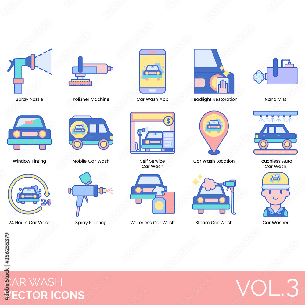 Car wash icons including spray nozzle, polisher machine, app, headlight ...