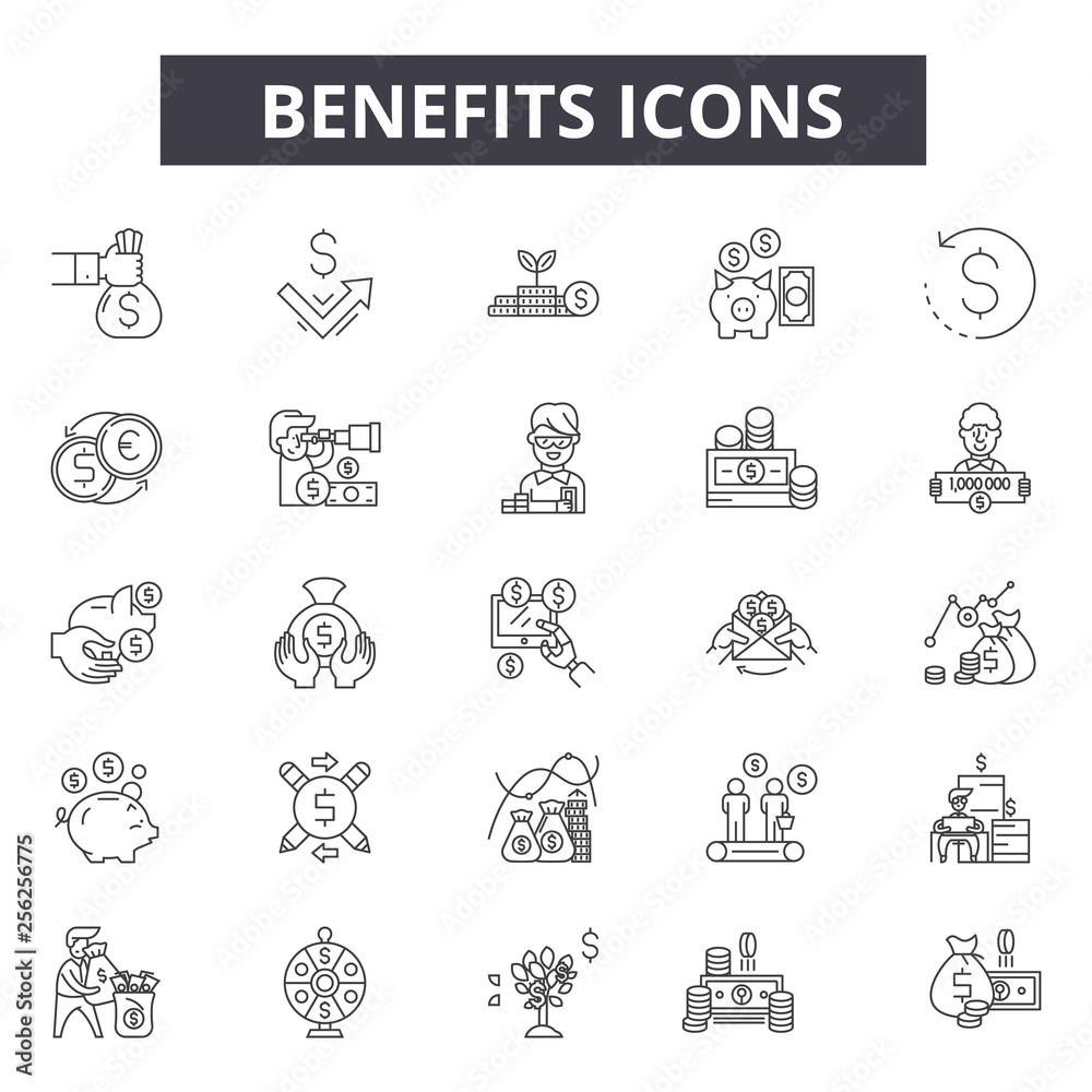 Benefits line icons for web and mobile. Editable stroke signs. Benefits ...