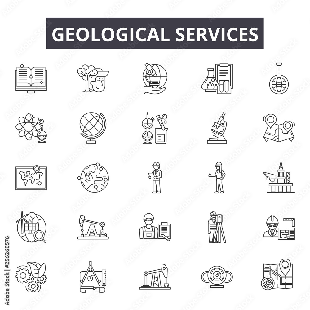 Geological services line icons for web and mobile. Editable stroke signs. Geological services ...