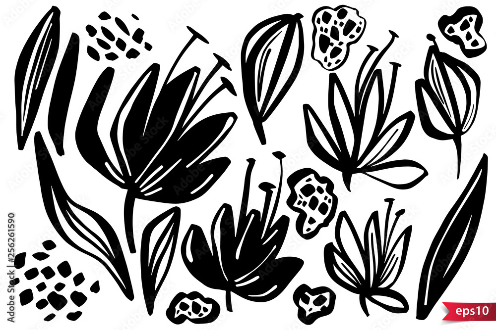 Vector set of ink drawing herbs, flowers, monochrome artistic botanical ...
