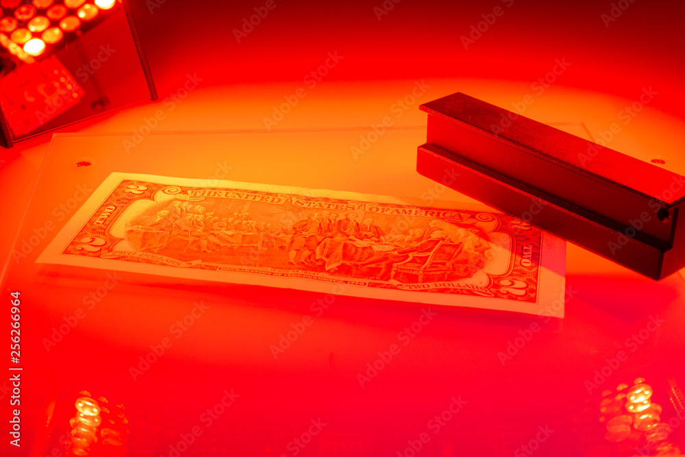 Verifying the authenticity of the two-dollar bill in oblique red light ...