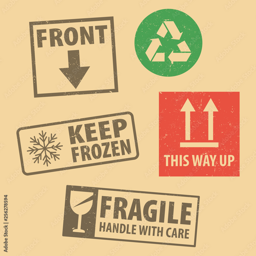 et of fragile sticker handle with care and case icon packaging symbols ...
