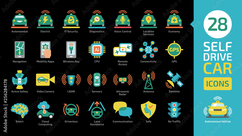 Autonomous vehicle color vector shape icon set on a black background ...