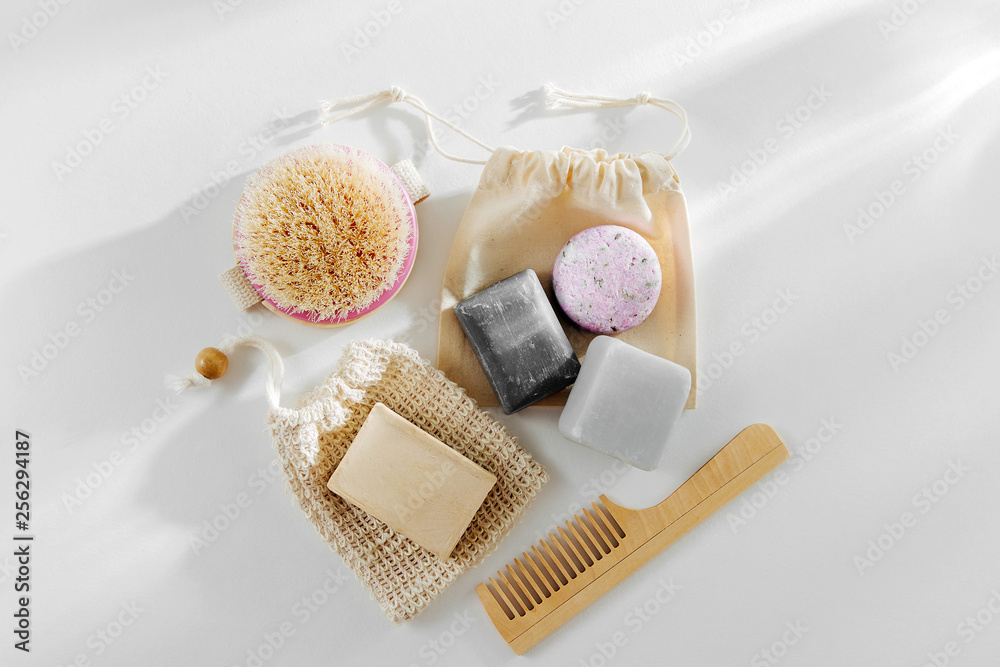 Eco natural Soap and Solid Shampoo Bars. Zero waste concept. Plastic ...