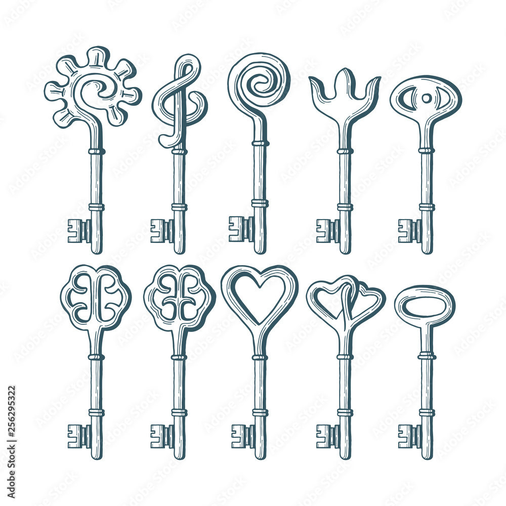 Keys. Different vintage keys hand drawn vector illustrations set. Old ...