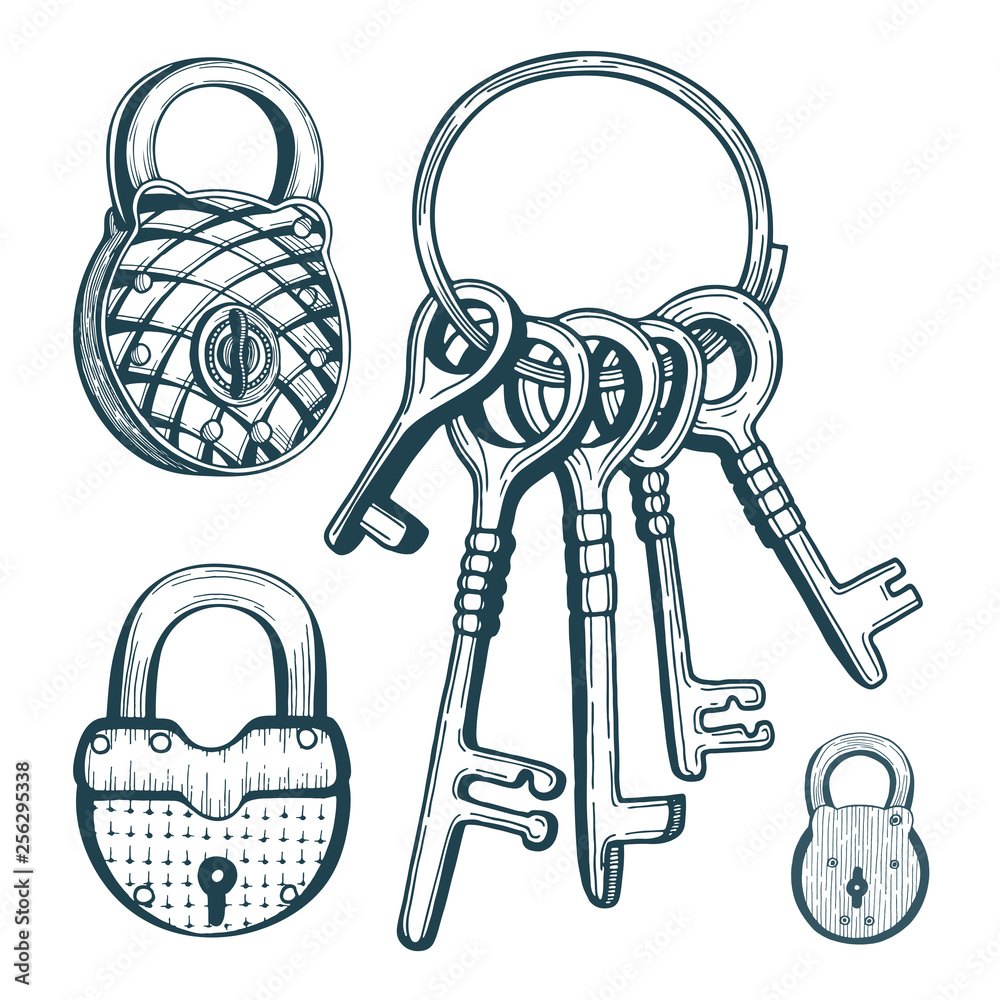 Bunch of vintage keys and padlocks. Locks and keys illustrations set ...