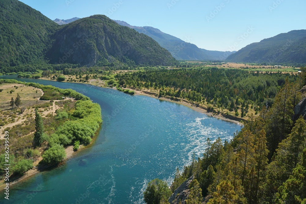 Mountainous landscape, Rio Futaleufu river valley, region de los Lagos ...