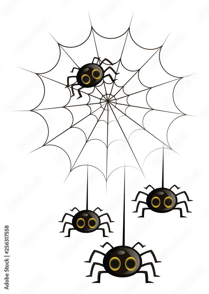 Four black cute cartoon spiders in a spiderweb vector illustration on ...