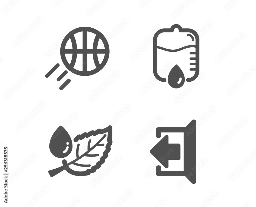 Set of Drop counter, Basketball and Leaf dew icons. Sign out sign ...