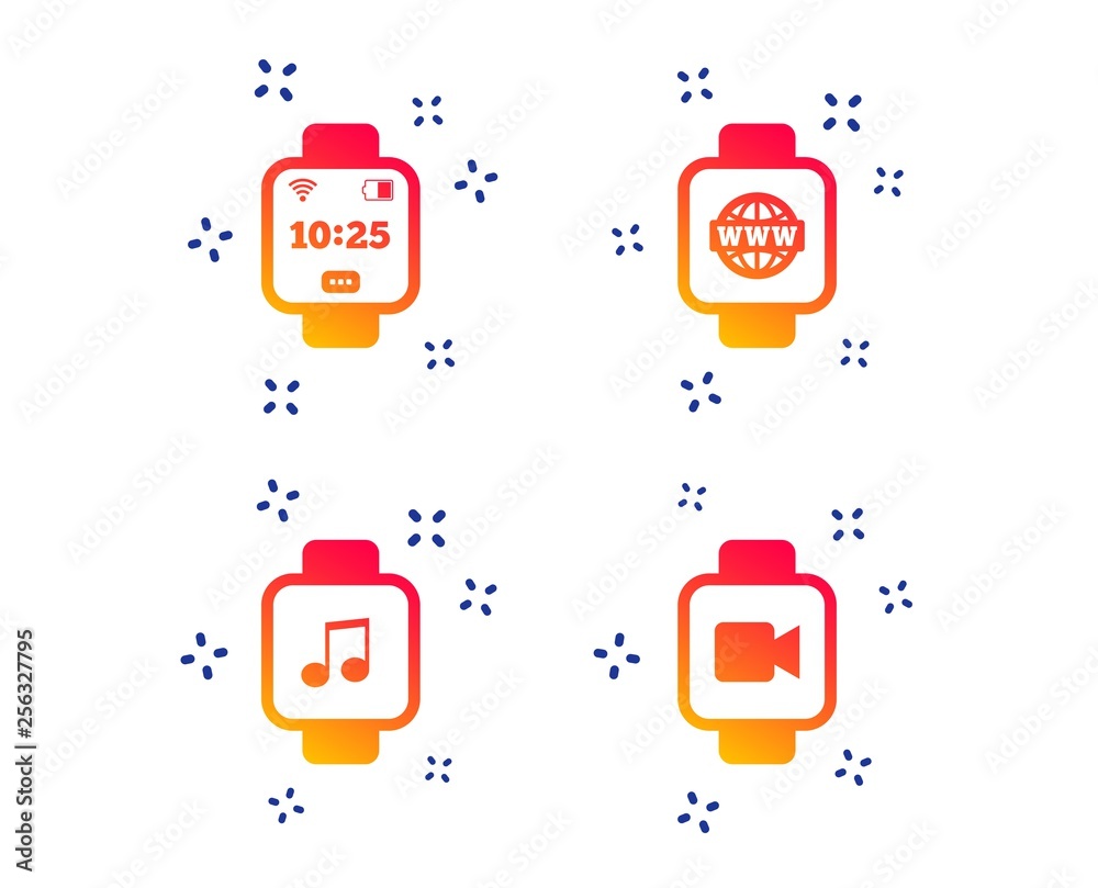 Smart watch icons. Wrist digital time watch symbols. Music, Video ...