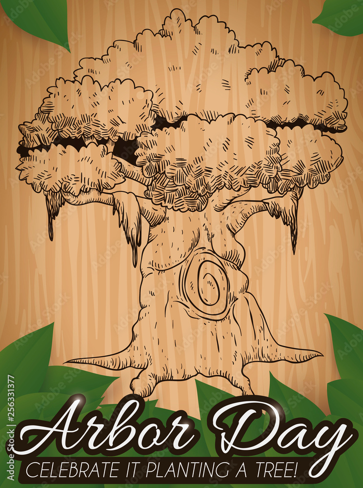 Hand Drawn Tree over Wood and Leaves for Arbor Day, Vector Illustration ...