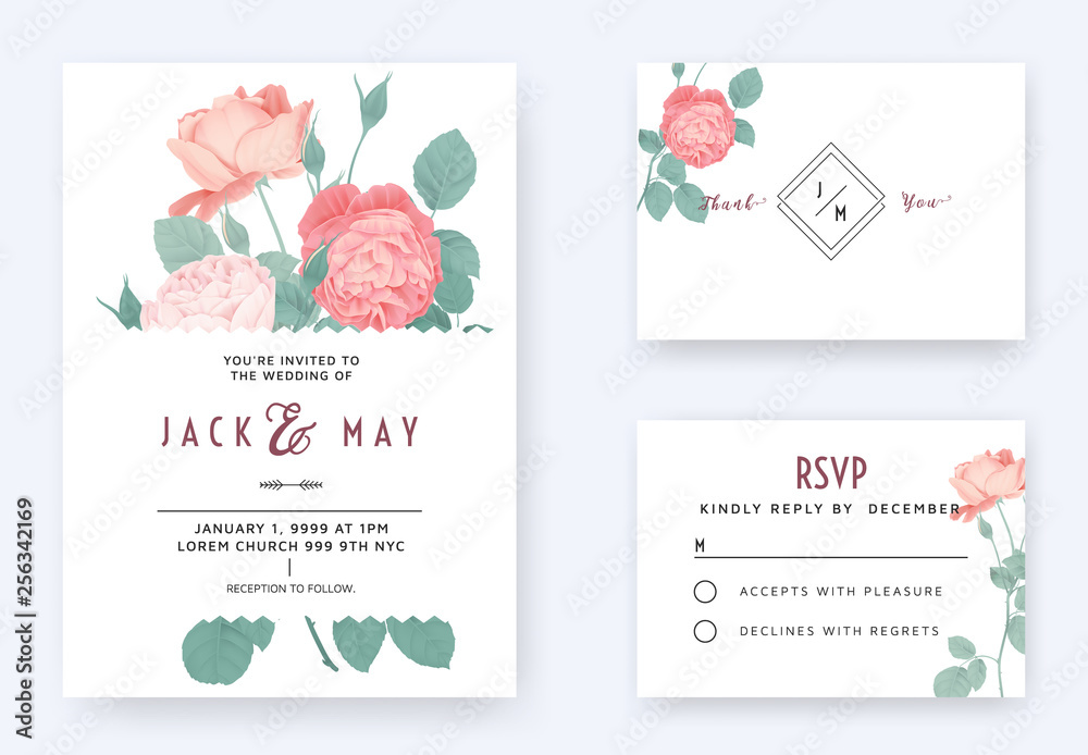 Floral wedding invitation card template design, pink rose flowers with ...