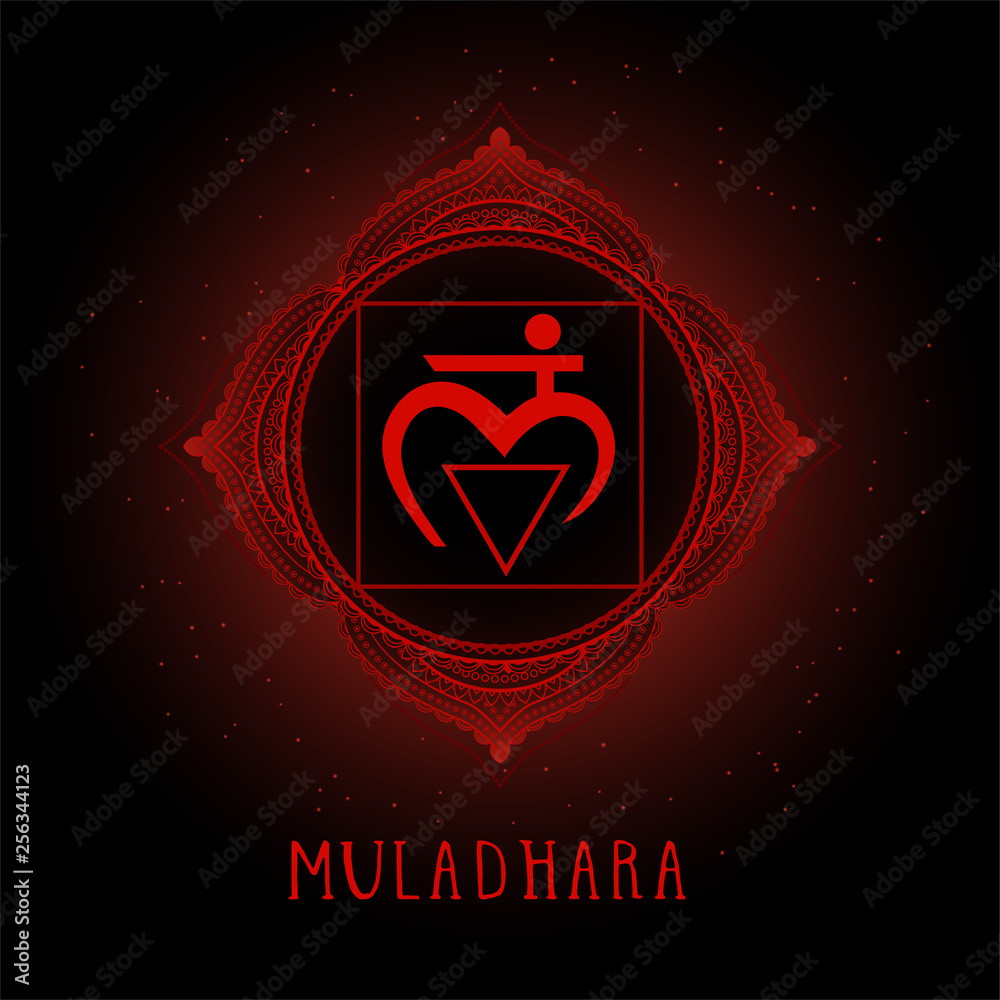 Vector illustration with symbol Muladhara - Root chakra on black ...