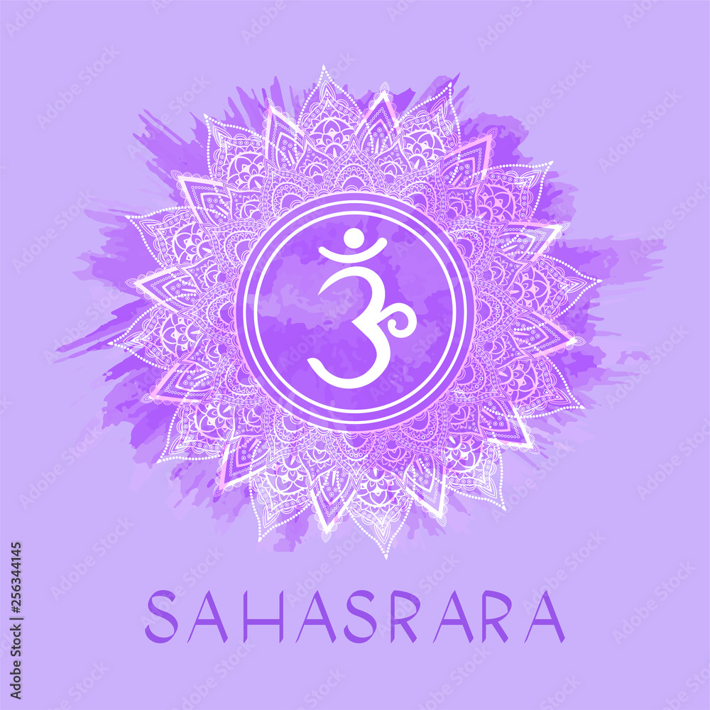 Vector illustration with symbol Sahasrara - Crown chakra on watercolor ...