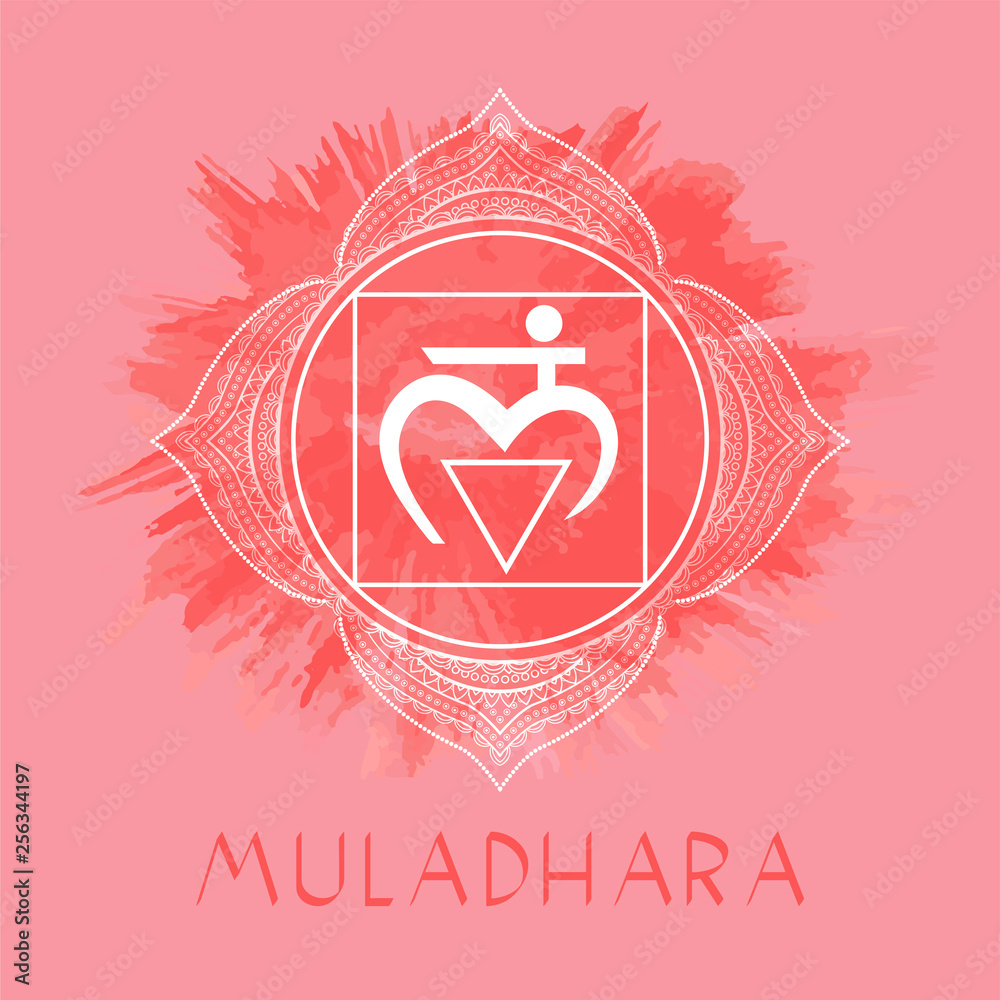Vector illustration with symbol Muladhara - Root chakra on watercolor ...