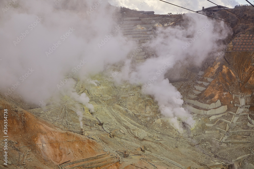 weekend travel, View of mountain at owakudani, sulfur quarry in Hakone ...
