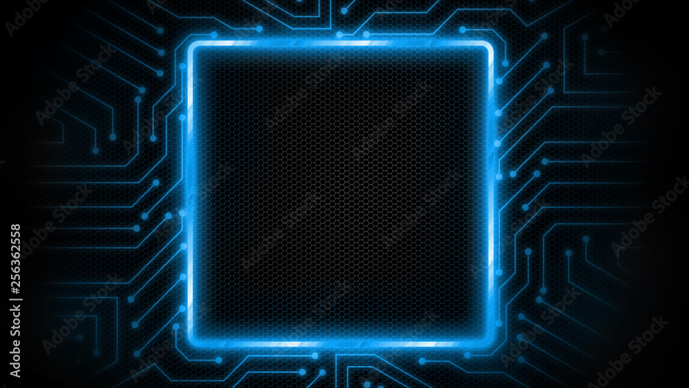 3D Rendering of rectangle frame glowing in blue color on computer ...