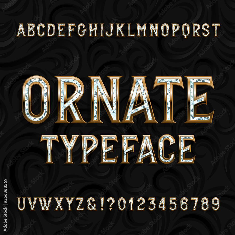 Ornate alphabet font. Vintage golden letters and numbers. Stock vector ...