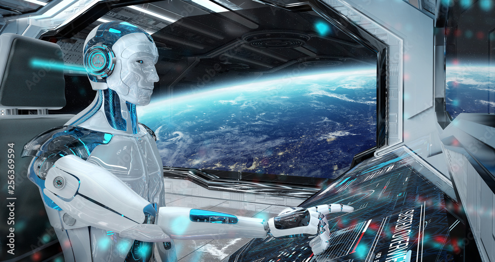 Robot in a control room flying a white modern spaceship with window ...