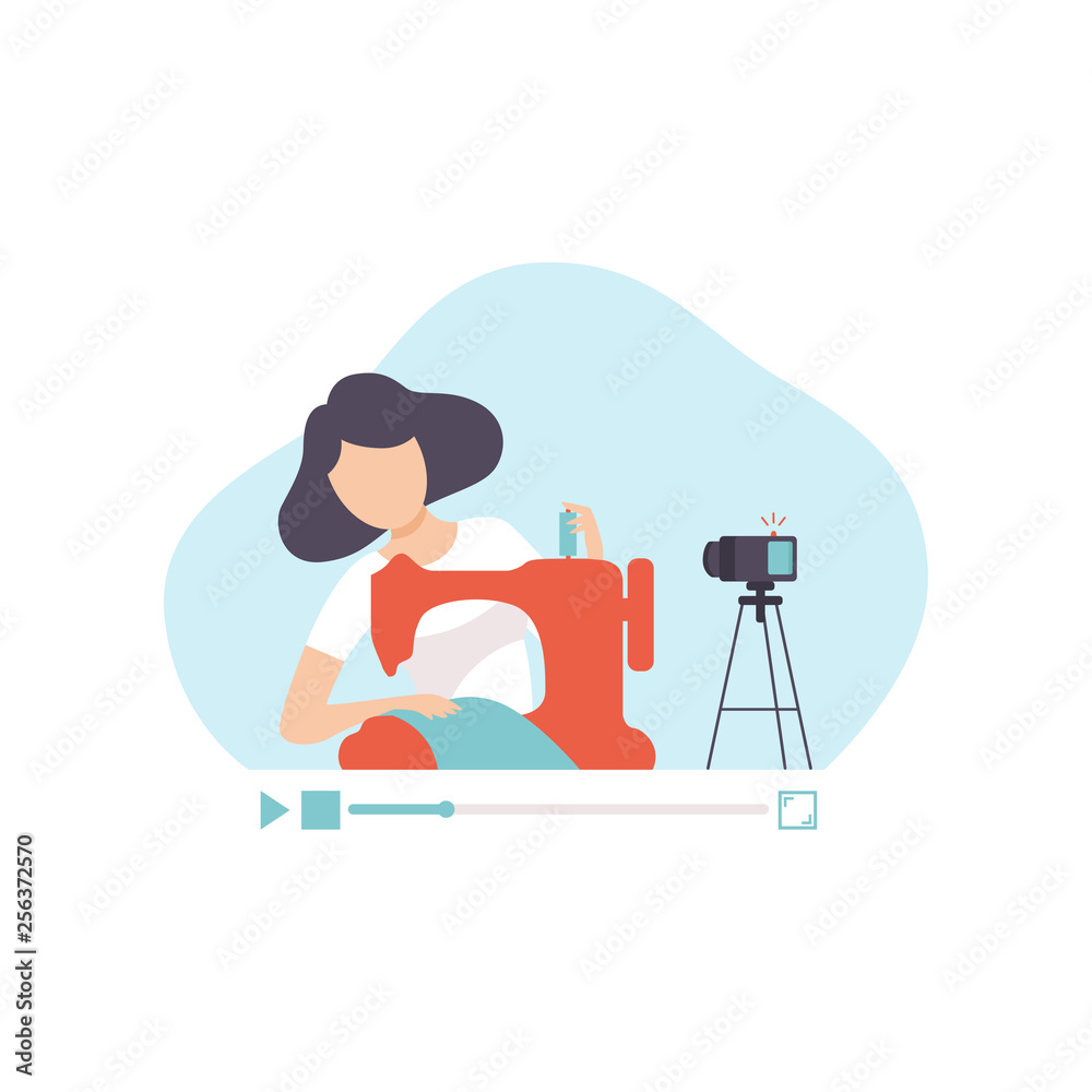 Girl Sewing Clothes By Sewing Machine, Young Woman Blogger Creating ...