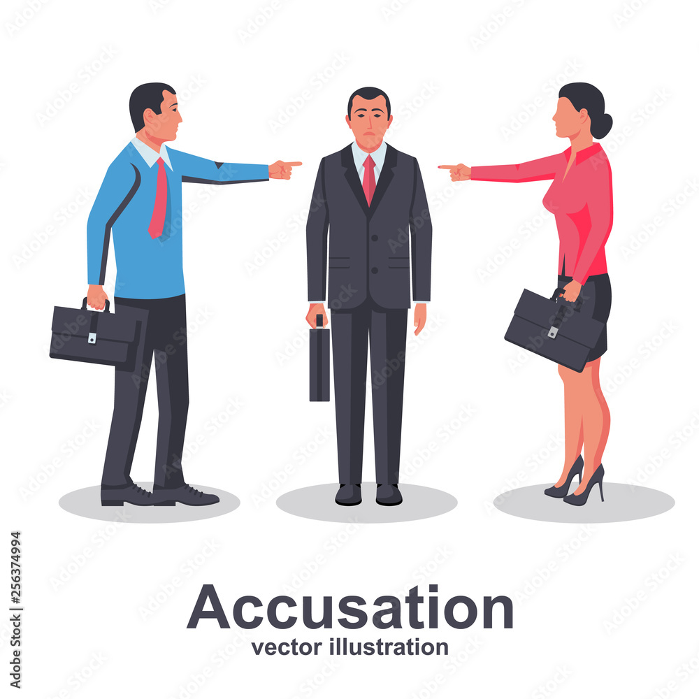Accusation concept. Team of employees point finger at guilty person ...