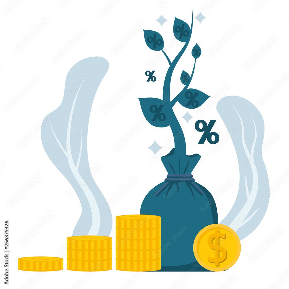 Interest income. Deposit of money. Percent tree growing with bag of ...