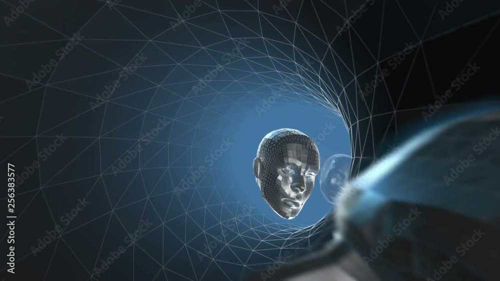 Geometric laser landscape with human faces in a tunnel. Seamless metal ...